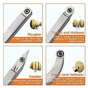 Roartisa Carbide Tipped Wood Lathe Turning Tools Set, Full Size Rougher Finisher Swan Neck Hollowing Tools and Interchangeable Aluminum Alloy Grip Handle with Diamond Round Square Carbide Inserts