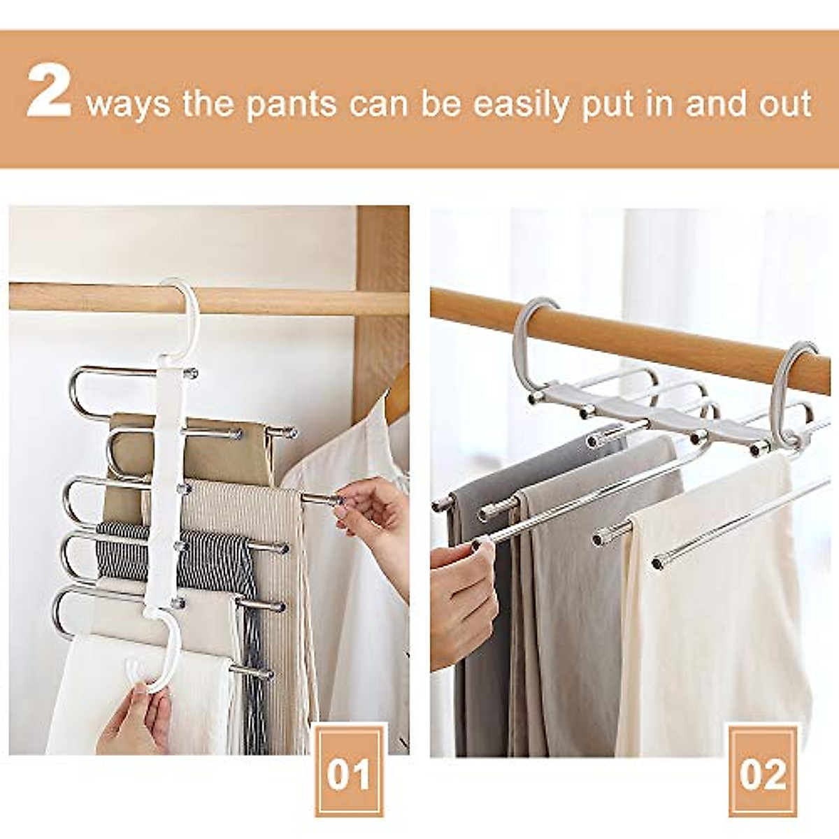 WAOU Massy Pants Hangers Multi-Layer Hanging Pants 5 in 1 Pants Rack Stainless Steel Pants Hangers Folding Storage Rack Space Saver Storage for Trousers Scarf Tie Belt Adjustable(2 Pack)