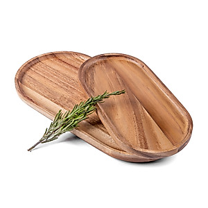 SPEShh Acacia Wooden Serving Trays Set of 2 - Rectangular Oval Shaped Wood Plates for Charcuterie Cheese Bread Fruit Vegetable Dip Sushi - Rustic Serving Platter Shallow Dishes -14x7 & 11x5.5 in.