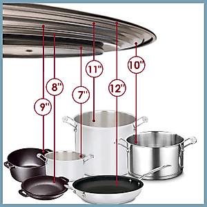 KEISSCO Stainless Steel Universal Lid for Pots, Pans and Skillets - Fits 7" to 12" Pot and Pans - Tempered Glass with Stainless Steel Rim Replacement Frying Pan Cover and Cast Iron Skillet Lid