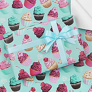 Blue Birthday Wrapping Papers, 4 Sheets Cupcake Muffin Printed Pattern Wrap Papers, 20 x 29 inch Per Sheet Folded Flat with 1 Roll Blue Ribbon for Baby Shower Party Holiday Kids Toddler Boys Gift Wrap