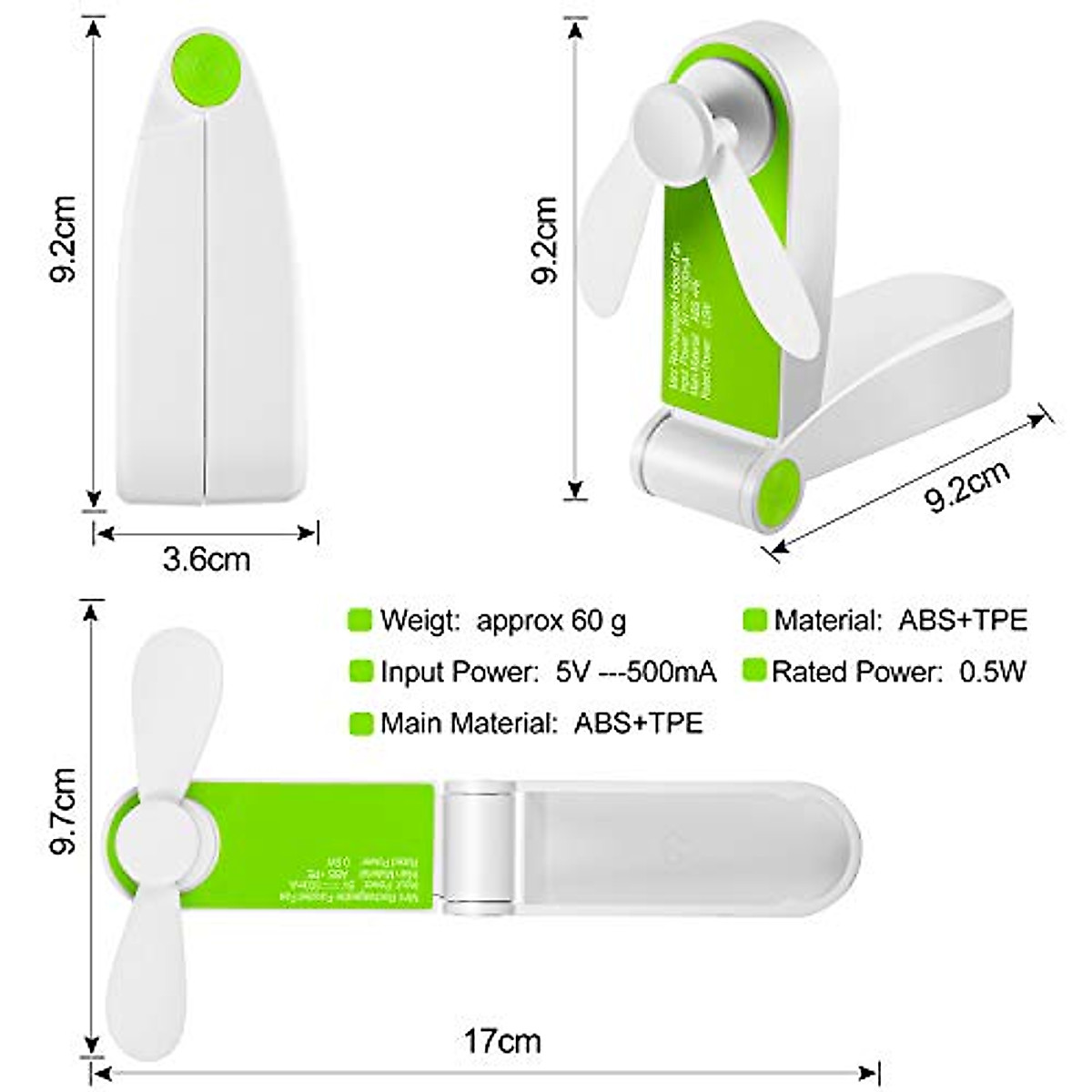 3 Pack Portable Pocket Fans Handheld Mini Fan Portable Foldable Fan Personal Travel Fan Hand Fan Summer USB Rechargeable Desk Fans for Home Women Travel Outdoors Or Indoors, 2 Speeds (Green)