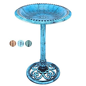 DREAM GARDEN 28 Inch Height Polyresin Birdbaths Lightweight Antique Outdoor Garden Pedestal Bird Bath Blue