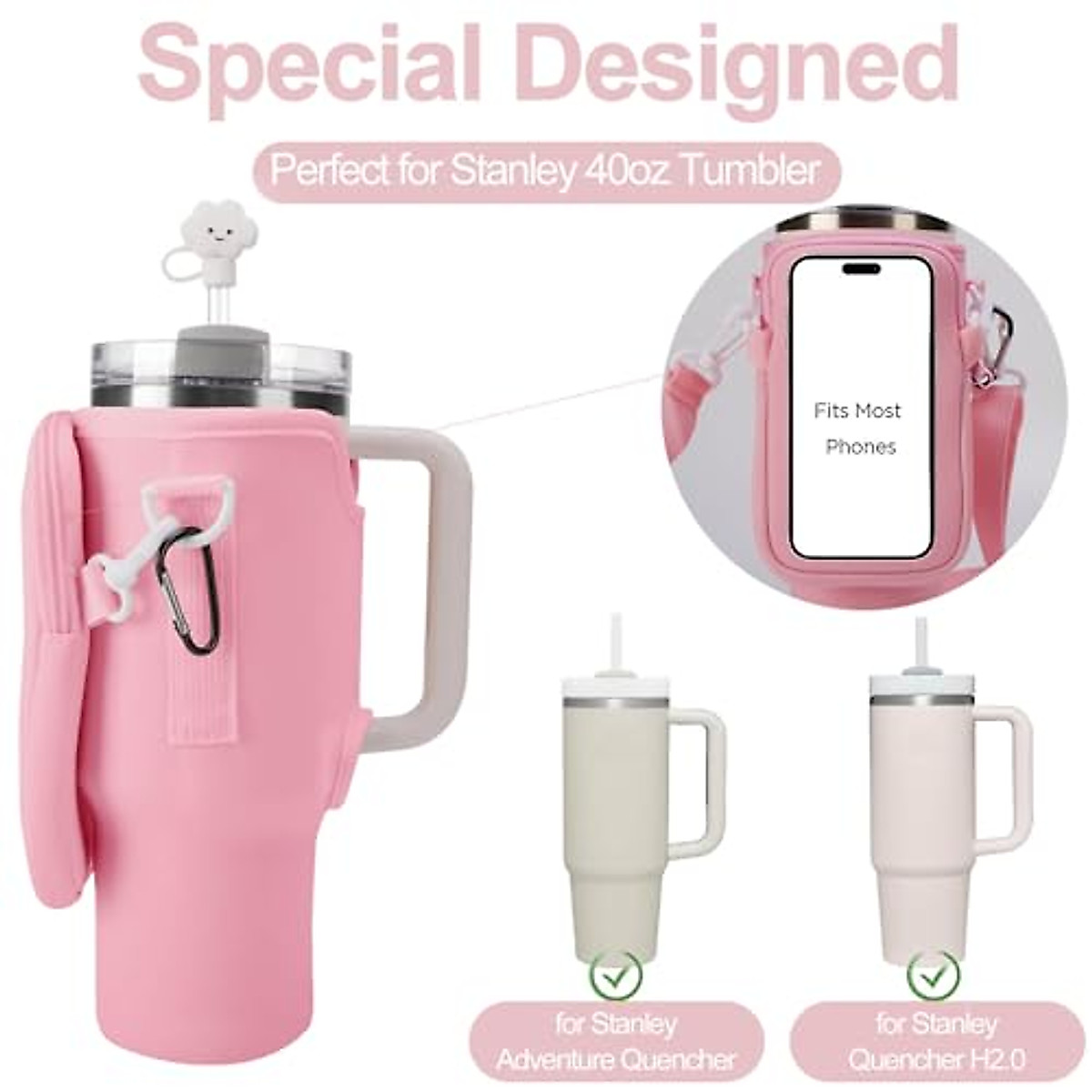 Stanley Cup Accessories Set Including 1Pcs Stanley Carrier Bag, 10 Pcs Straw Cover Cap,Silicone Spill Proof Stopper, 2 Pcs Silicone Boot for 30/40oz Adventure Quencher & Flowstate Tumbler with Handle