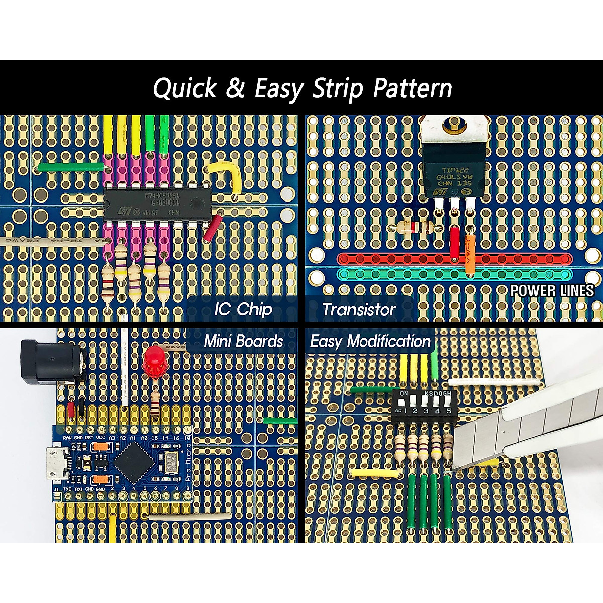 ElectroCookie Snappable PCB, Strip Board with Power Rails for Electronics Projects Compatible for DIY Arduino Soldering Projects, Gold-Plated, 3.8"x3.5" (3 Pack, Blue)