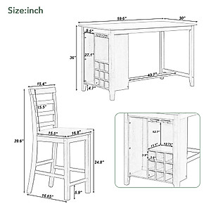 BIADNBZ 5-Piece Counter Height Dining Table Set for 4, Multi-Functional Rubber Wood Kitchen Furniture with Padded Chairs, Integrated 9 Bar Wine Compartment&Wineglass Holders, Gray