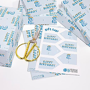 CENTRAL 23 Baby Boy Wrapping Paper - Age Two - 6 Sheets Blue Wrapping Paper - Happy 2nd Birthday Wrapping Paper - Comes With Stickers - Recyclable