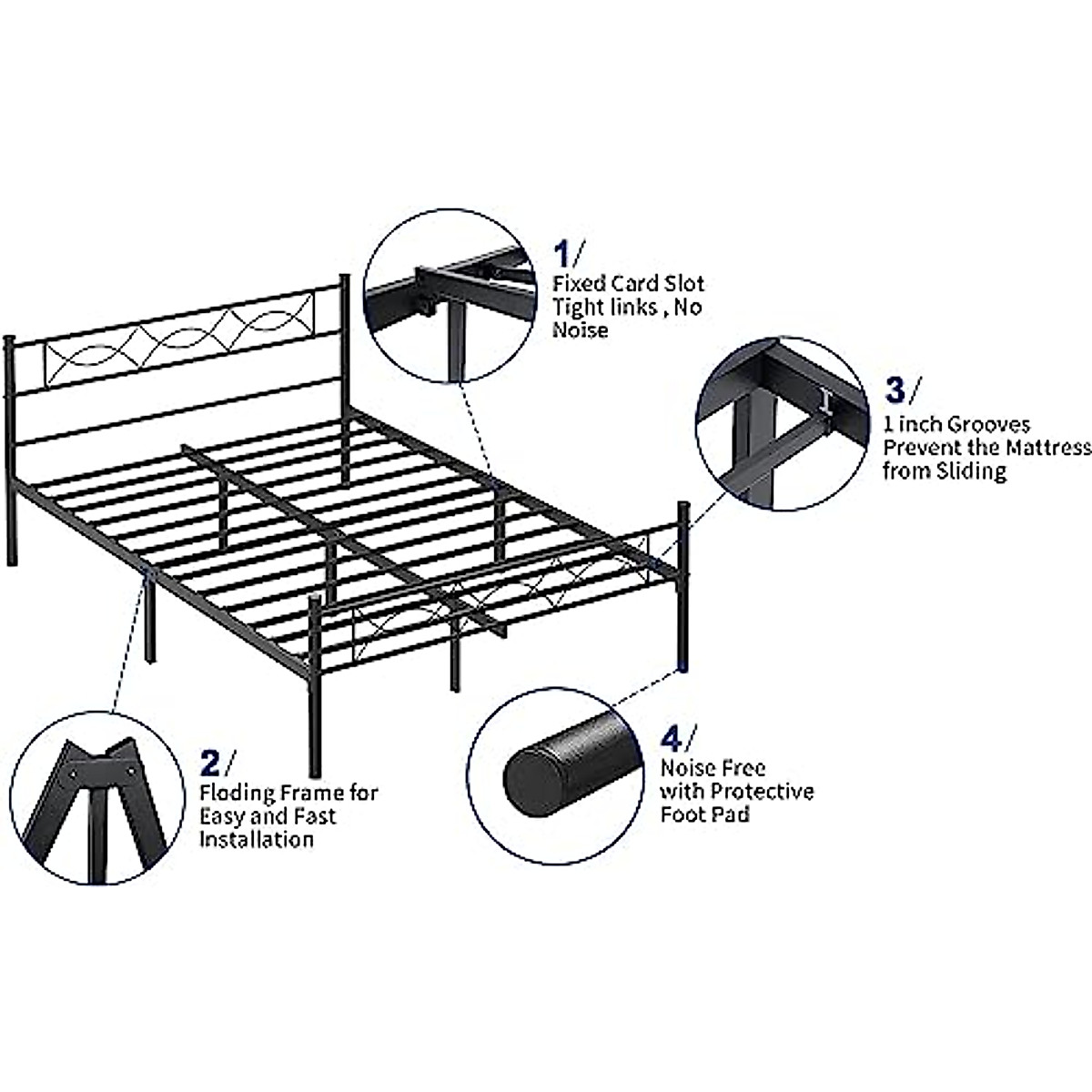 Black Metal Bed Frame Queen Size with Headboard Modern Platform Bed Sturdy and Easy Assembly No Box Spring Needed