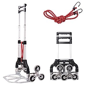 Stair Climbing Cart, Folding Hand Truck, Aluminum Alloy Luggage Moving Trolley Cart Heavy Duty with Bungee Cord, Grocery Shopping Cart with TPR Wheels and Telescoping Handle Outdoor Office
