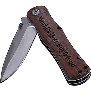 CustomGiftsNow World's Best Boyfriend Folding Stainless Steel Pocket Knife, (Wood Handle
