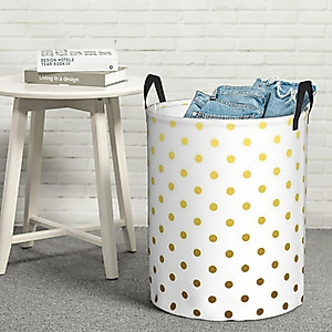 Large Laundry Basket, White Gold Polka Dot Laundry Hamper Bag 19.6" Collapsible Washing Bin With Handles for College Dorm, Family Essentials Storage