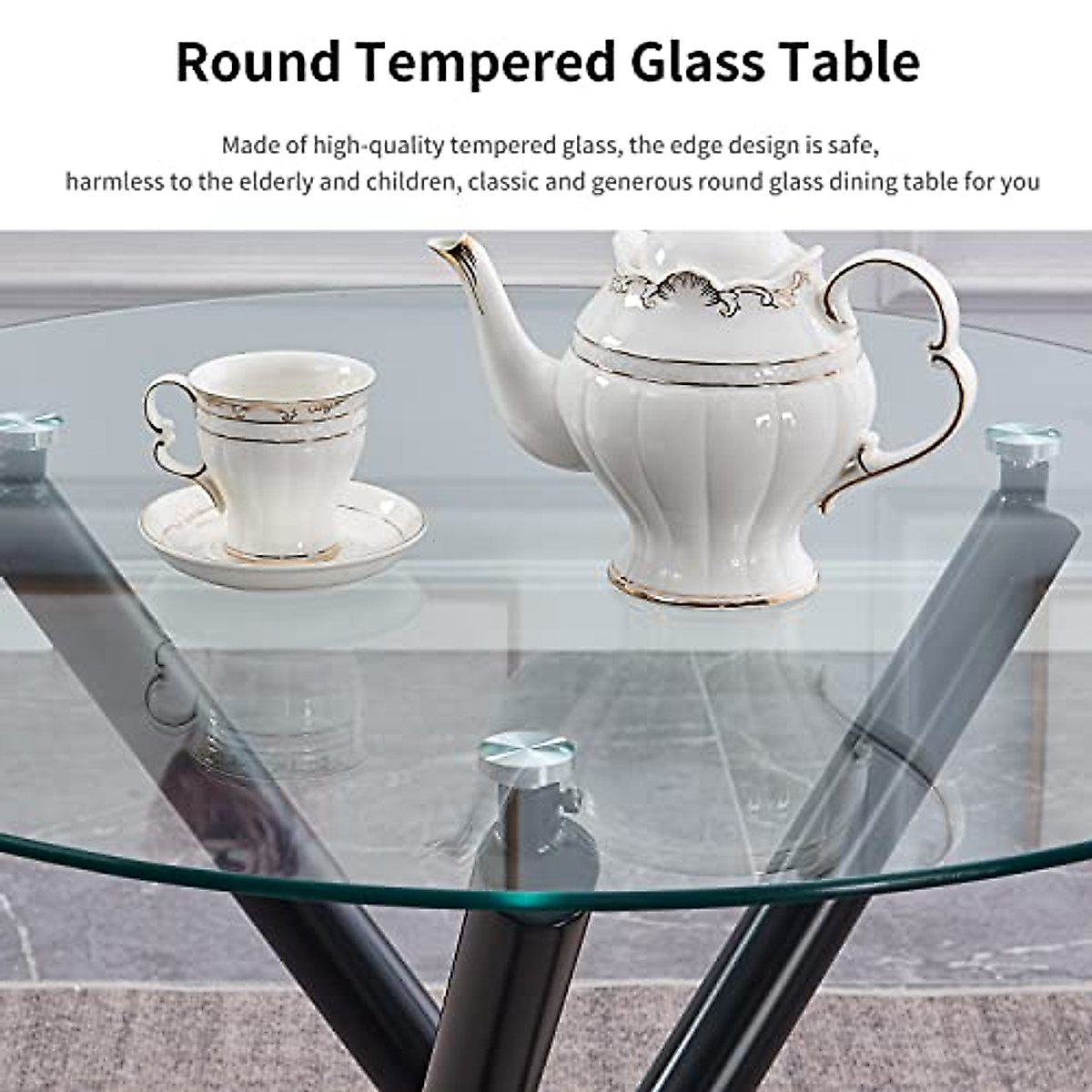 ROOIOME Round Glass Dining Table Set 5 Pieces Dining Table Chair Set for Home Kitchen Round Tripod Chrome Legs Table with 4 PU Chairs, Contemporary Dining Room Furniture Set for Small Space