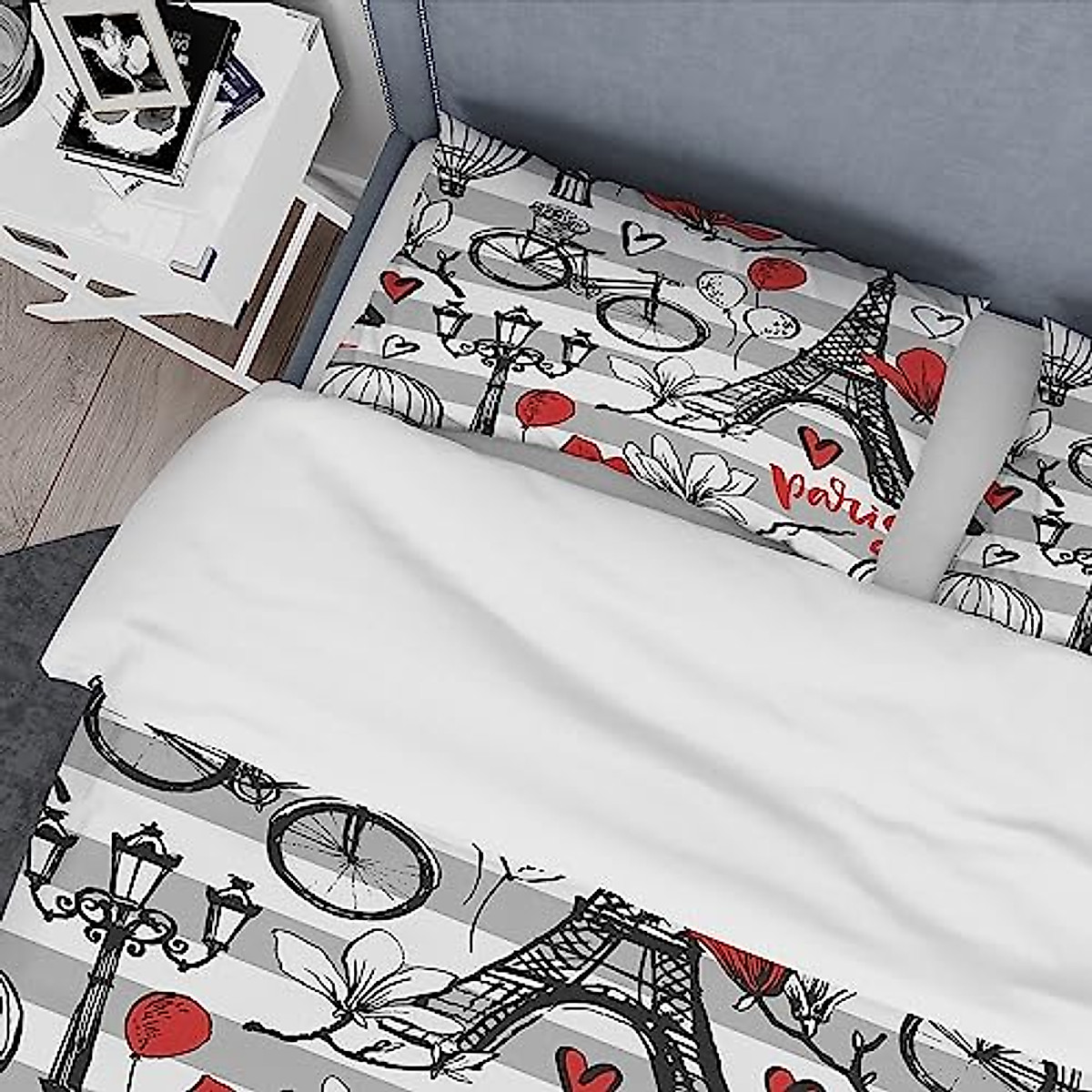 DESIGN ART Designart 'Paris Eiffel Red Hearts II' Mid-Century Duvet Cover Set Twin Cover + 1 sham (Comforter not Included) 2 Piece