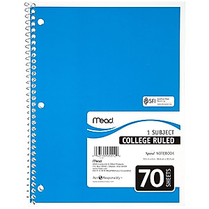 Mead 05512 Spiral Notebook, College Ruled 7.5" x 10.5" 70 Sheets, 1 Subject, 6 Pack, Colors May vary
