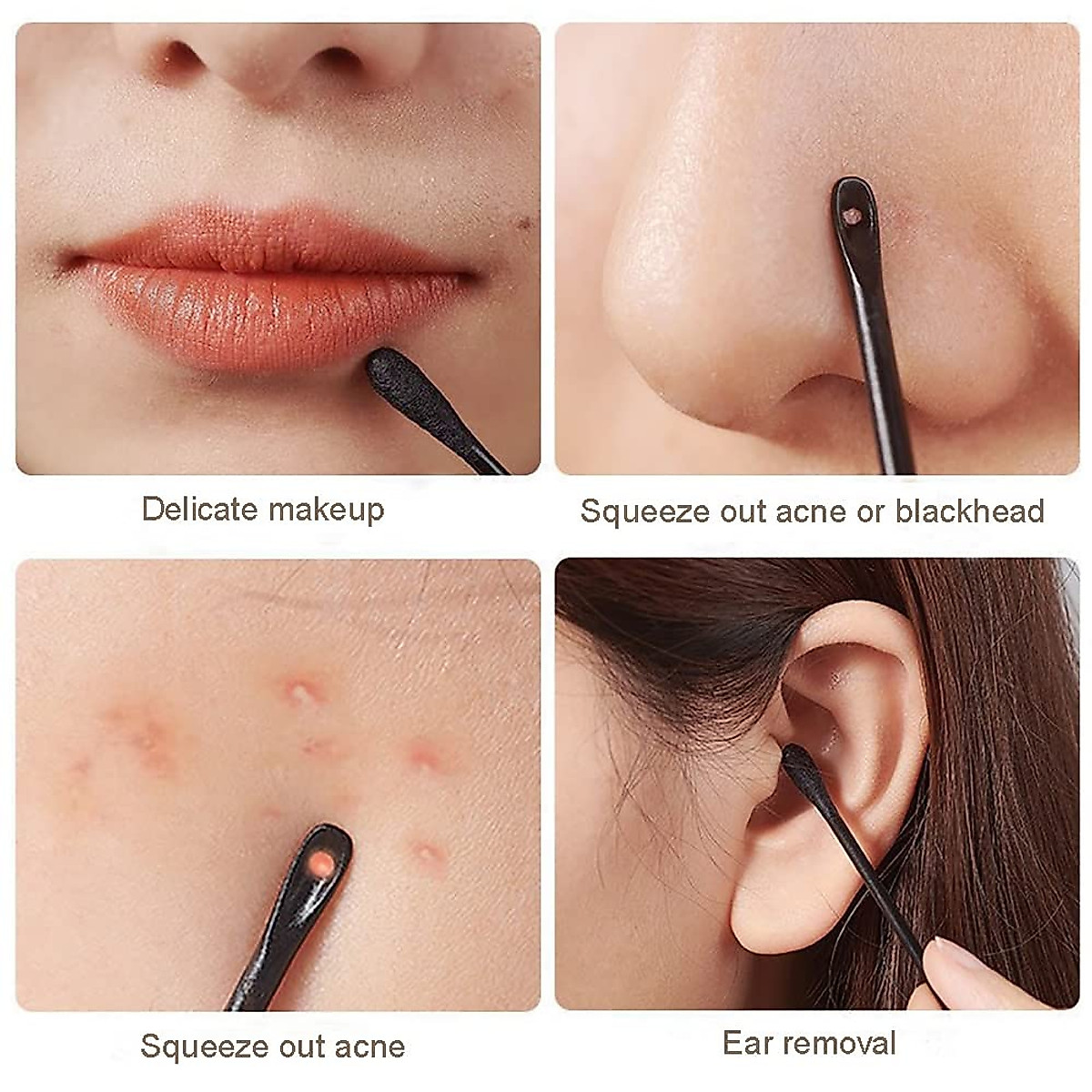 ALIOBC Disposable Cotton Swabs Stick,160 Pcs Multi Use Black Double-Headed Acne Squeezing Professional Ear Pick for Blackhead or Whitehead Nasal Gunk Removerand Clean Skin Pores