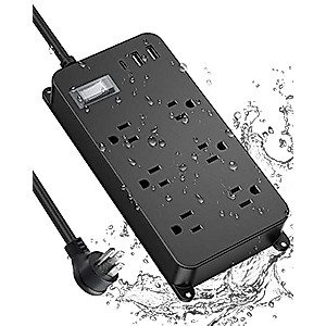 Jgstkcity Outdoor Power Strip Weatherproof with USB C,Waterproof Extension Cord Multiple Outlet Surge Protector for Patio Accessories,6 Outlets and 3 USB Ports,6ft Cable, Black