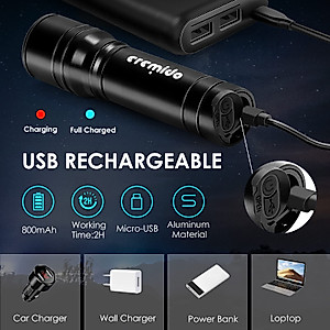 eremido LED Flashlight, 2023 New White Strong Light, Durable Metal Aluminum Material, IP44 Waterproof, Four Modes switchable, Micro USB Charging, can be Used for Indoor and Outdoor Emergency use