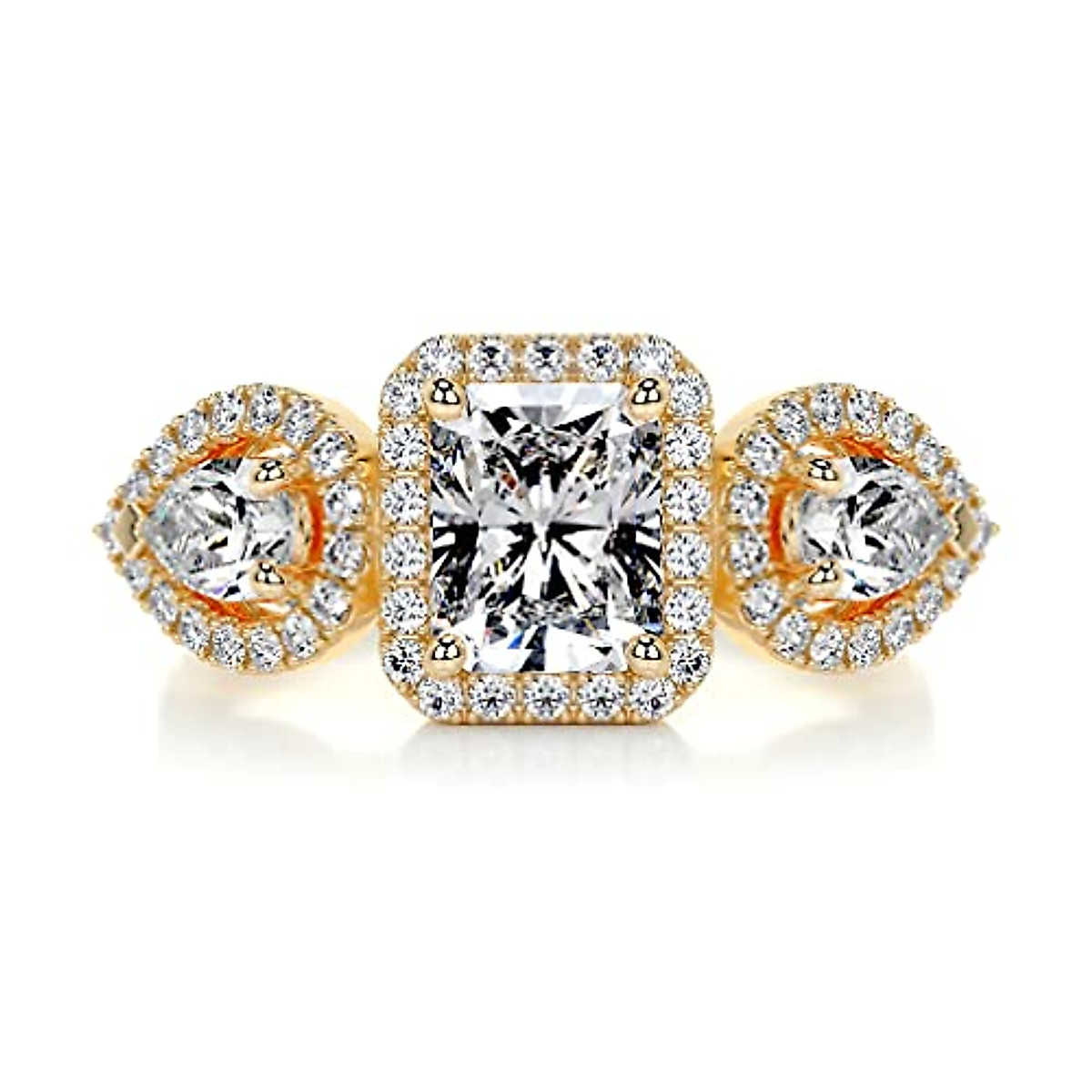 Solid Gold Handmade Engagement Rings 3 CT Cushion Cut Moissanite Diamond Three Stone Halo Bridal Wedding Rings for Anniversary Propose Gifts (18K Solid Yellow Gold)