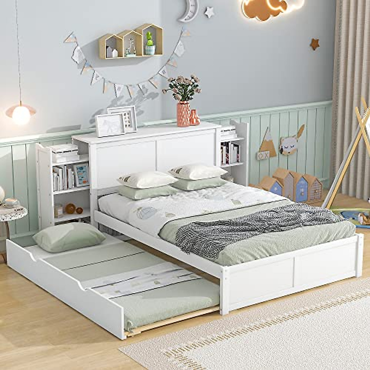 BIADNBZ Full Size Storage Platform Bed with Pull Out Shelves and Twin Size Trundle, Wooden Bedframe with Headboard, for Kids Teens Adults Bedroom, White