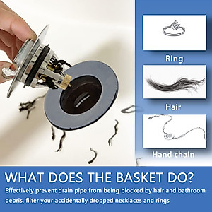 Bathroom Sink Drain Stopper | Upgraded Sink Strainer Basin Pop Up Drain Filter Plug with Anti-Clogging Hair Catcher for Bath Tub, Fits 1.34-1.96” Drain Hole