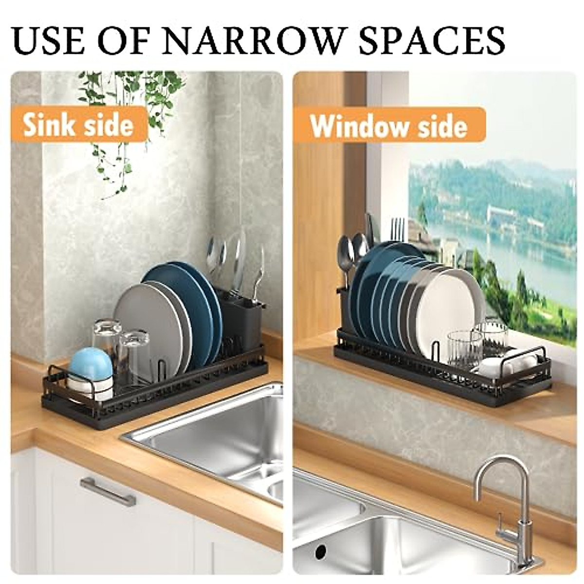 CHLORYARD Small Dish Drying Rack, Compact Sink Dish Rack with 2pcs Silicone Drying Mats, Dish Drainer Kitchen Sink Organizer Sponges Holder for Kitchen Counter, Bar, Bottle, Cup