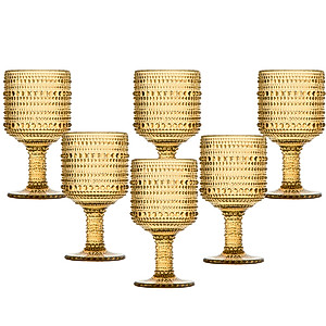 Vintage Wine Glasses Set of 6, 10 Ounce Colored Glass Water Goblets, Unique Embossed Pattern High Clear Stemmed Glassware Wedding Party Bar Drinking Cups 6 Pack Golden Amber Beads