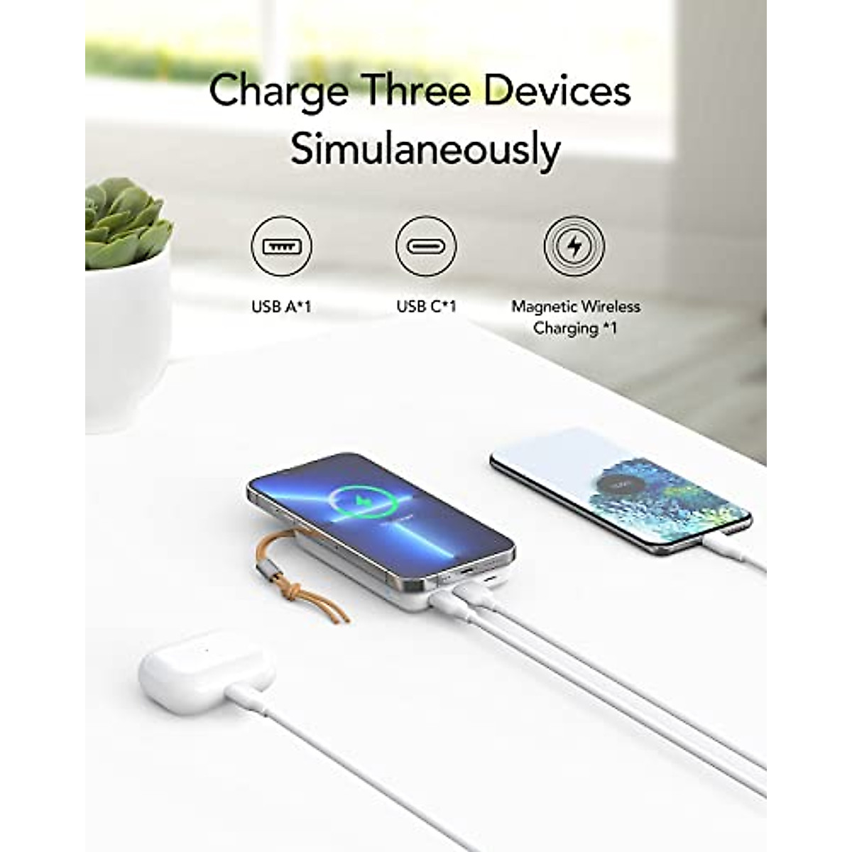 VRURC Magnetic Power Bank for iPhone, 10000mAh Wireless Portable Charger, 5W/7.5/10W/15W Charging & Max 22.5W USB Port Fast Charging, Battery Pack Compatible with iPhone 14/13/12 Series - White