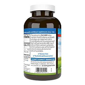 Carlson - Cal-600, 600 mg Calcium, Bone Support, Healthy Teeth & Optimal Wellness, 250 Softgels