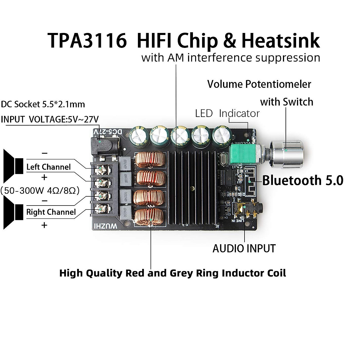 200W Bluetooth Amplifier Board TPA3116,DAMGOO 100W+100W Audio Amp Board with LC Filter Technique,Dual Channel DC8-24V,Password Free Connect to Phone Quietly