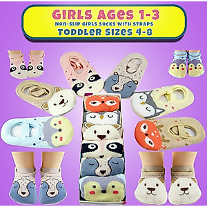 Baby Toddler Girls Grip Socks Non-Slip Gripper Socks Anti Slip Strap Socks 1-3 Year Old Gift Gripper Socks Animal Cartoon Little Girl Yoga Socks
