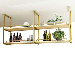 Nordic Iron Solid Wood Ceiling Shelf, 2 Tier Ceiling Mounted Storage Shelf, Bar Restaurant Hanging Decorative Flower Stand