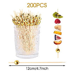 200 Pcs Cocktail Picks, Fancy Toothpicks for Appetizers 4.7inch Skewers for Appetizers Gold Pearl Long Toothpicks Charcuterie Accessories for Drinks, Desserts, Fruits, Sandwich, Party Food Decor