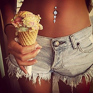 LOLIAS 7 Pcs 14G Dangle Belly Button Rings for Women 316L Surgical Steel Curved Navel Barbell Body Jewelry Piercing,S