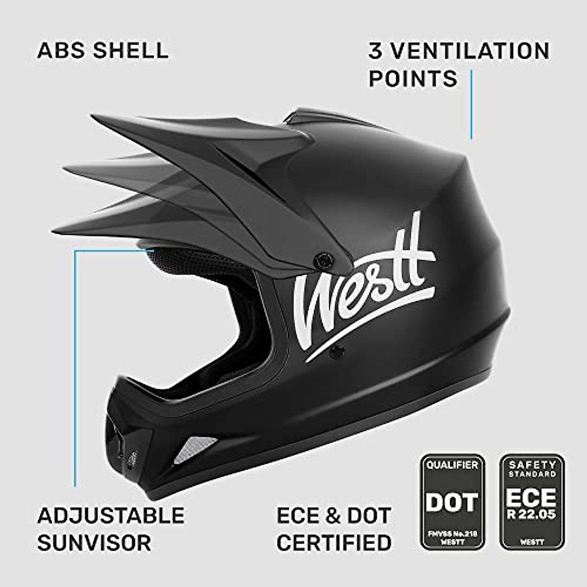Westt Youth Kids Motocross Helmet - Dirt Bike Motorcycle with Visor Off-Road ATV Street Mountain Bike Go-Kart BMX, Full Face Motorcycle Helmet for Boys & Girls, DOT Approved