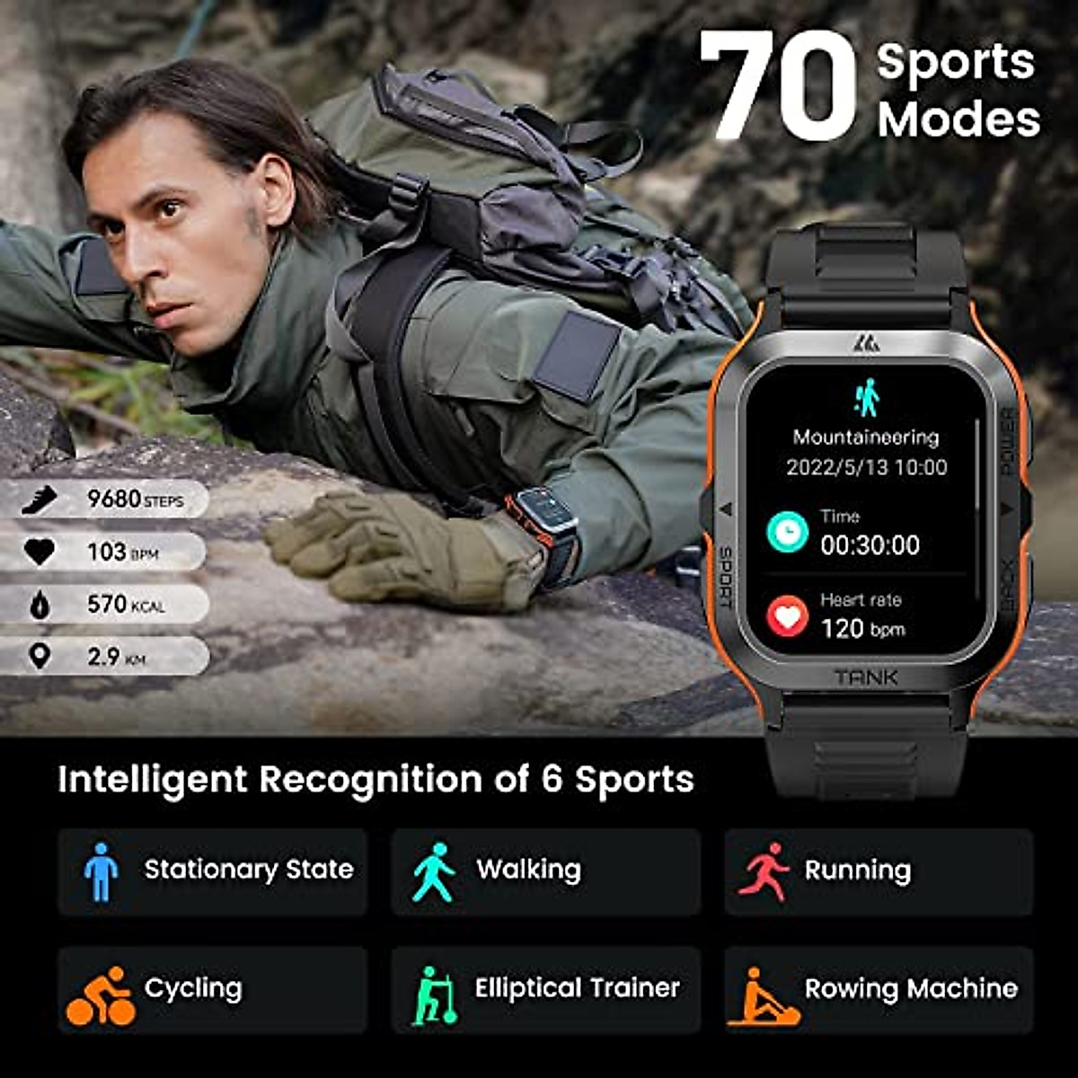 AMAZTIM Smart Watch for Men,60days Extra-Long Battery Life(Call Receive/Dial), 50M Waterproof,Rugged Military Fitness Watch for iPhone Android,70 Sports,1.85" Heart Rate Sleep/Blood Pressure Watch