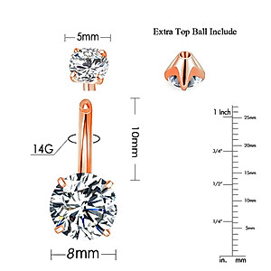 HQLA 14G Surgical Steel Belly Button Rings Round Cubic Zirconia Navel Barbell Studs Sexy Body Piercing (1 PC Clear (Rose Gold))