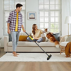 Sunally Rubber Broom Pet Hair Remover, Fur Remover Broom with Squeegee for Fluff Carpet, Hardwood Floor, Tile, Window, Black Yellow, includes Portable Lint Remover Brush and Broom Holder
