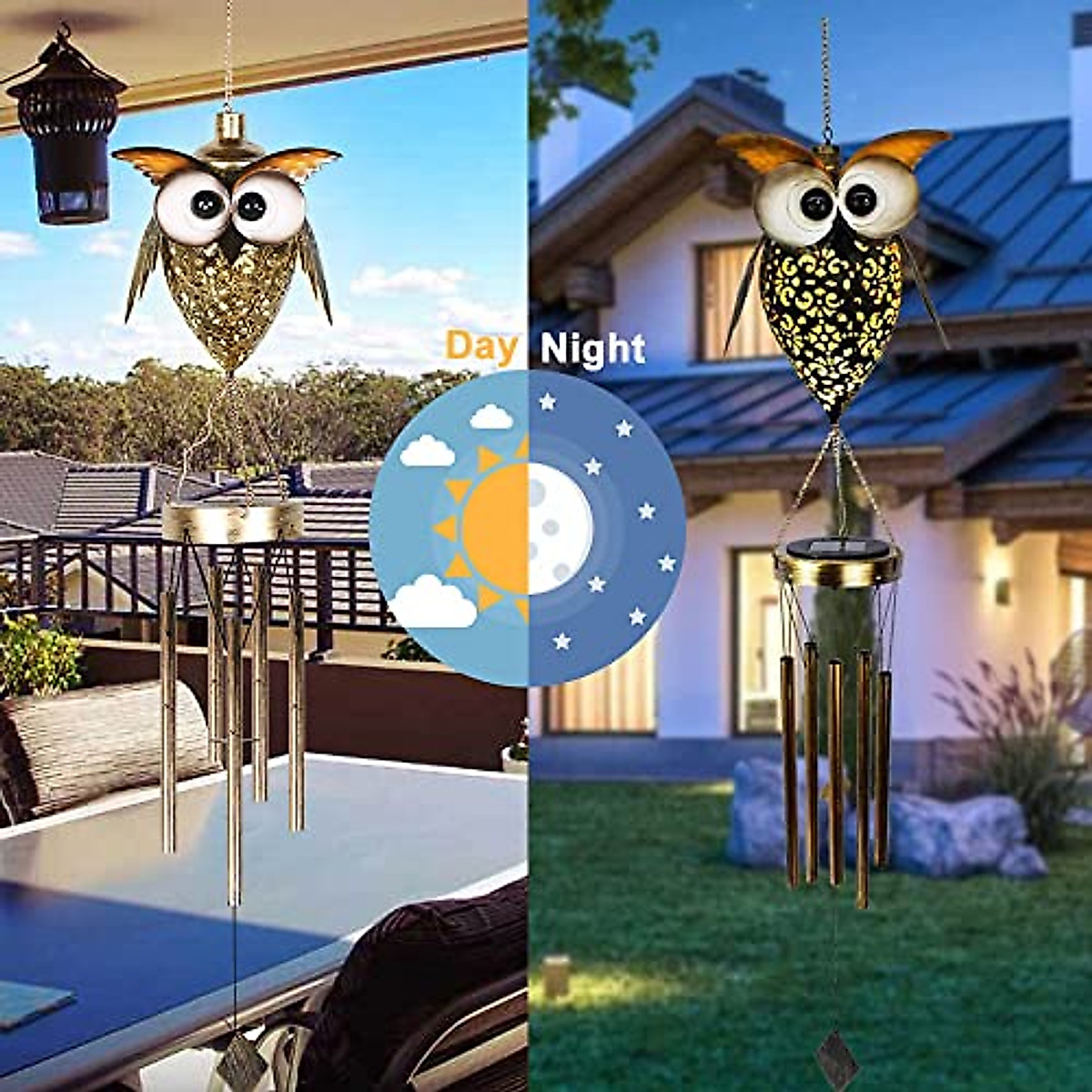 Sunwhale Owl Solar Wind Chimes for Outside Big Wind Chimes Indoor Hanging Outdoor Decor Metal Wind Warm LED Light Memorial Sympathy Gift with Metal Tubes Waterproof for Garden Yard Patio Lawn