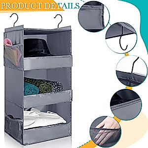 4 Pieces 3 Shelf Hanging Closet Organizer Collapsible Closet Hanging Shelves Gray Closet Shelves with Side Pocket for Bedroom Living Room Baby Nursery Camper Accessories, 28 x 11.8 x 11.8 Inch
