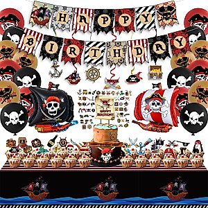 CAILESS Birthday Party Decorations - Pirates Birthday Party Decorations 103Pcs, Included Pirates Theme Banner Cake Toppers 12'' Latex Balloons Swirls Decor Pirates Foil Balloons for Pirates Party