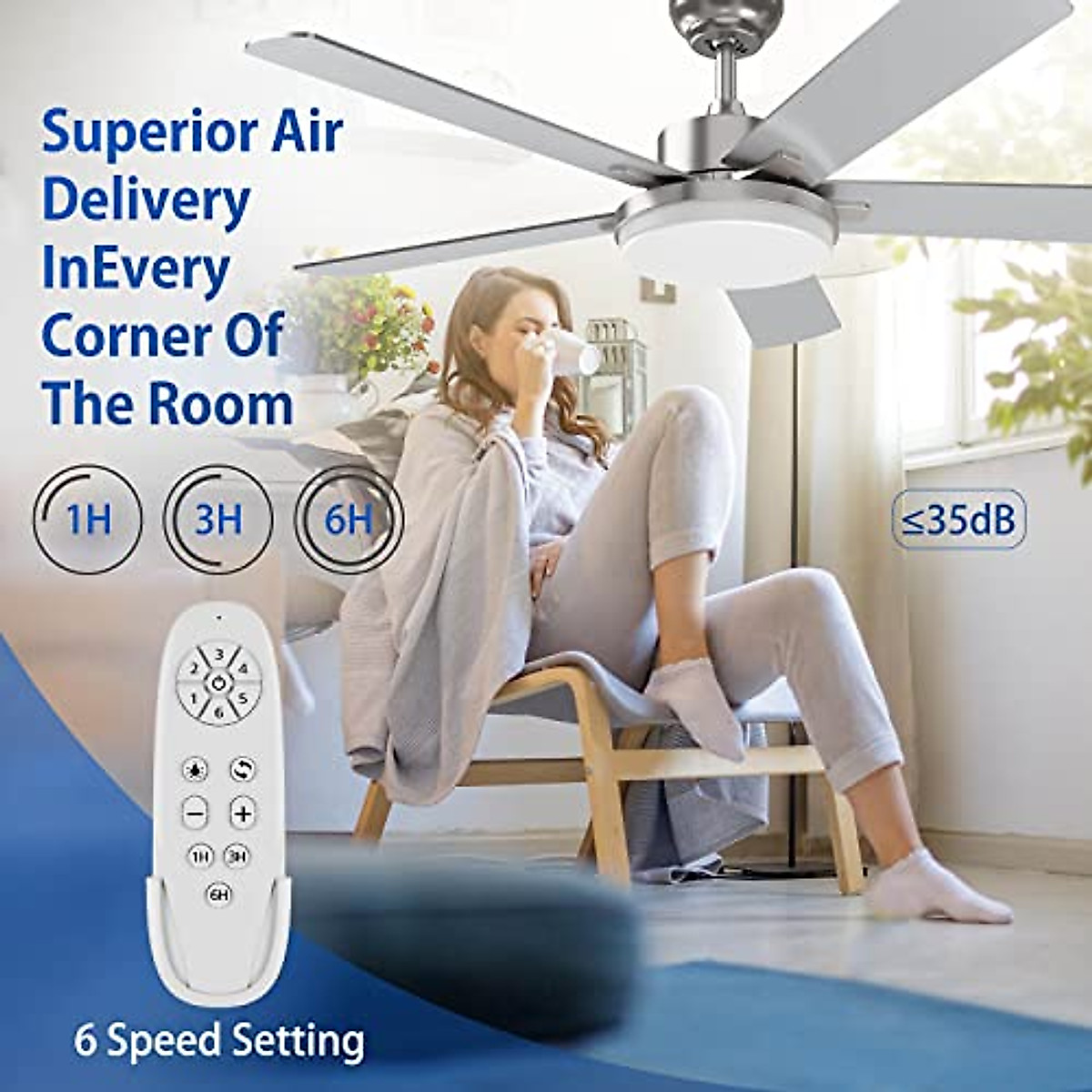 Regair 52 Inch Modern Brushed Nickel Ceiling Fan with Light and Remote Control, Dimmable and Adjustable Color Temperature