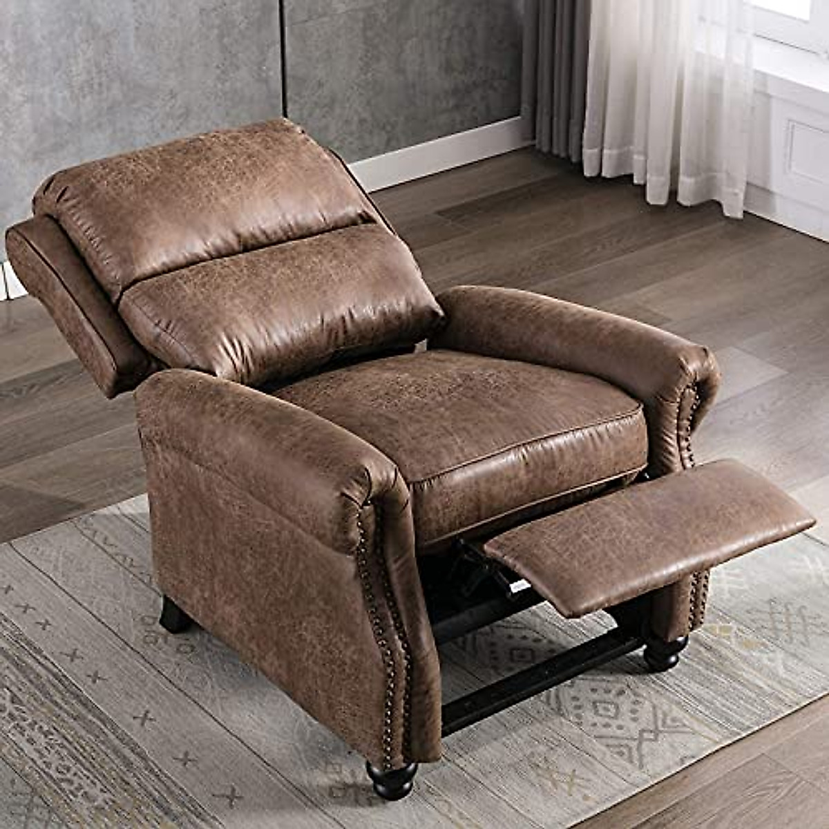 CANMOV Pushback Recliner Chair Leather Armchair Push Back Recliner with Rivet Decoration Single Sofa Accent Chair for Living Room, Chocolate