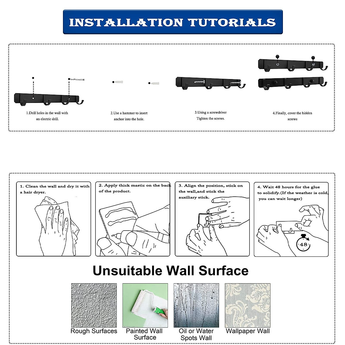 Potaosey 2PC Black Wall Coat Rack, Wall Mounted Coat Rack with 6 Sliding Hook,Sliding Coat Rack Wall Mounted,Metal Coat Hooks Rail for Coat Hat Key Bathroom Entryway