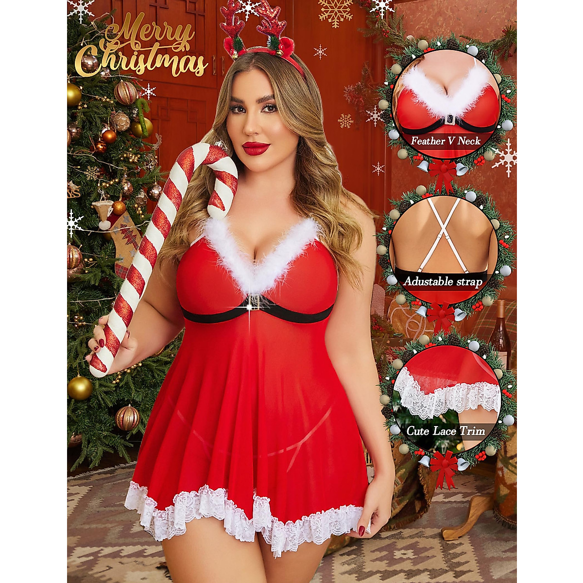 Avidlove Plus Size Santa Christmas Lingerie for Women Floral Lace Chemises Sleepwear