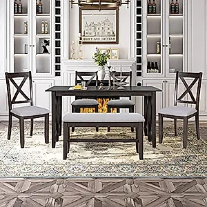 FIQHOME 6 Piece Set, Rustic Farmhouse Dining Room Foldable Table with 4 Upholstered Chairs and Bench, Solid Wood Kitchen Persons,Espresso