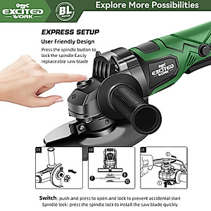Excited Work Cordless Angle Grinder, 20V 5 inch Electric Grinder Power Tools with 2X4.0Ah Battery, Adjustable Handle,Brushless Motor for Polishing, Grinding & Cutting