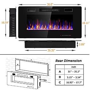 COSTWAY 36-Inch Electric Fireplace, 750W/1500W Wall Recessed and Mounted Fireplace Insert with Remote Control, 12 Flame Colors, 5 Brightness Settings, 8 H Timer, Fireplace Heater for Indoor Use