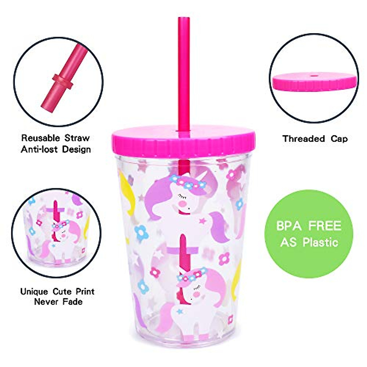 Home Tune 16oz Kids Tumbler Water Drinking Cup 4 Pack - BPA Free, Straw Lid Cup, Reusable, Lightweight, Spill-Proof Water Bottle with Cute Design for Girls & Boys - Unicorn, Mermaid, Dinosaur, Fruit