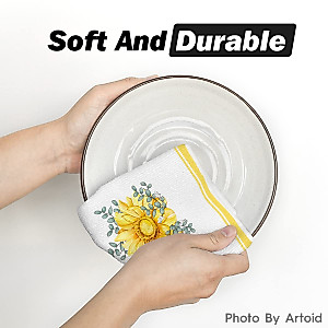 Artoid Mode Eucalyptus Leaves Sunflower Summer Kitchen Towels Dish Towels, 18x26 Inch Hello Sunshine Holiday Decoration Hand Towels Set of 2