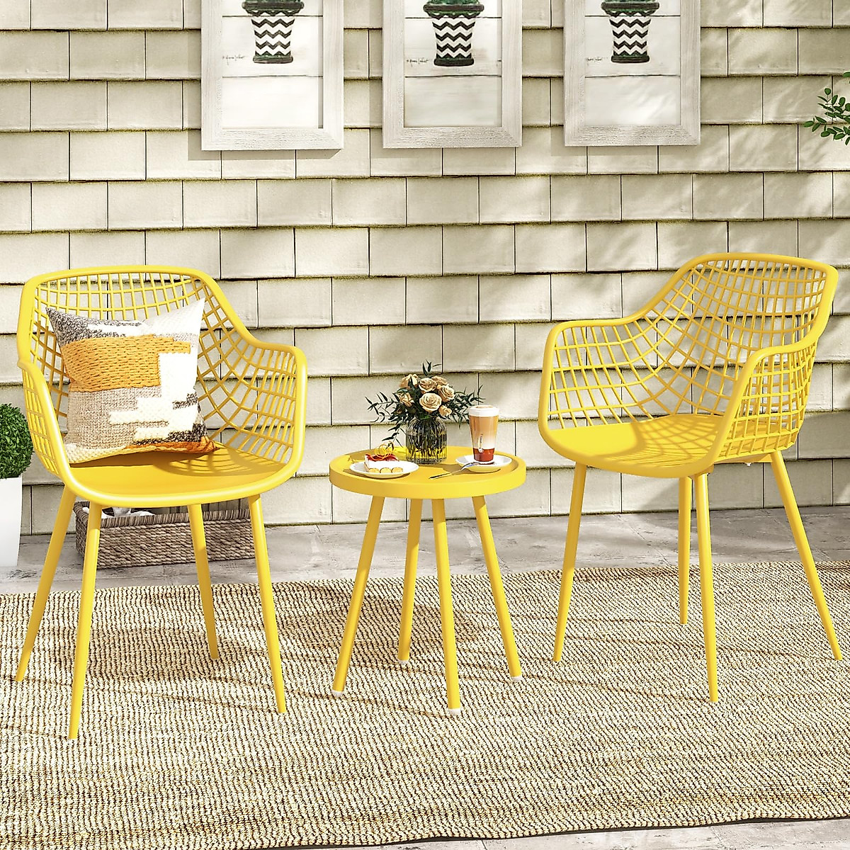 Tangkula 3 Piece Patio Bistro Set, All Weather Heavy Duty Table and Chairs Set of 2 with Widen Seats, Outdoor Furniture Set for Porch, Balcony, Backyard (Yellow)